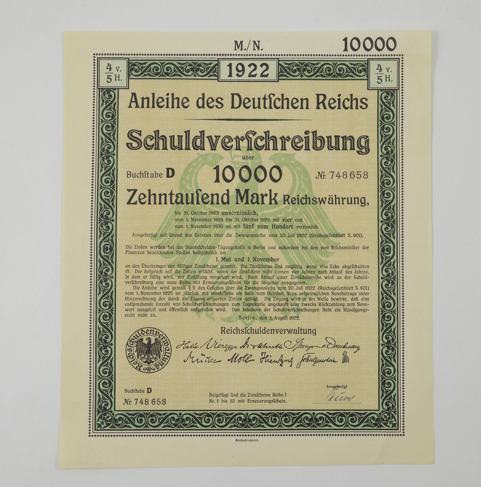 HUGE - 1922 10,000 Marks Bond Certificate - Measure ~8 X 9 1/2 inches ...