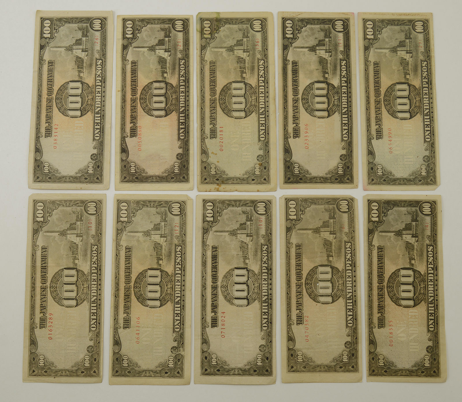 Japanese Invasion Money - Lot of (10) 100 Peso Notes - World War II ...
