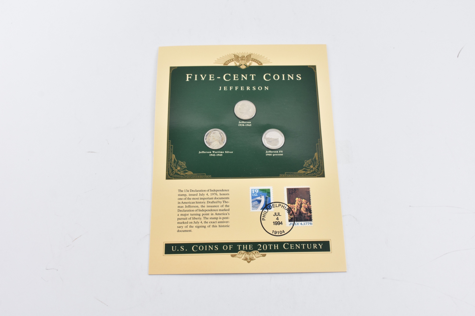 Jefferson Nickel Set With 13 Cents Declaration Of Independence Stamp ...