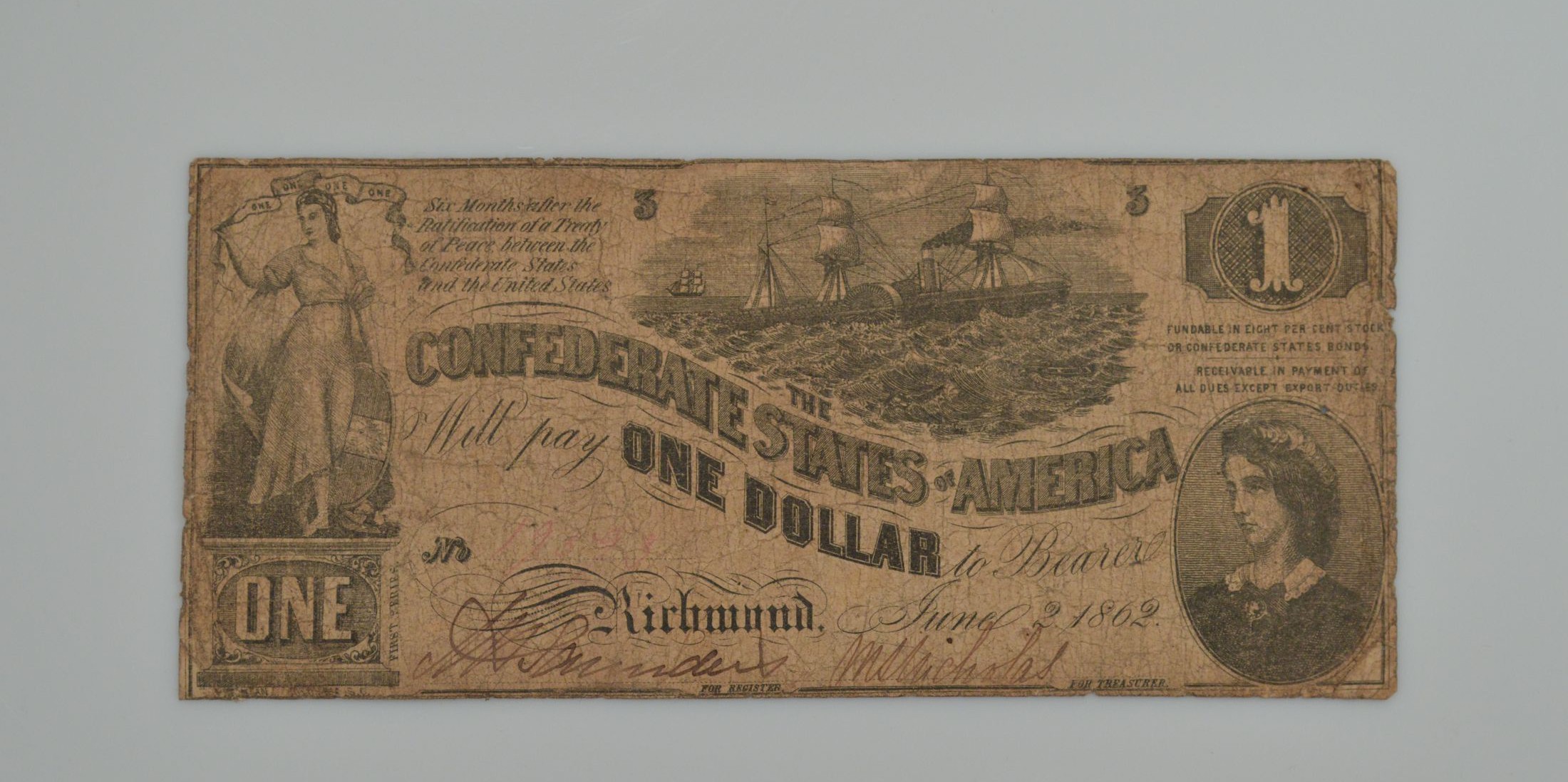 June 2, 1862 $1 Dollar Confederate States of America Richmond, VA Note ...