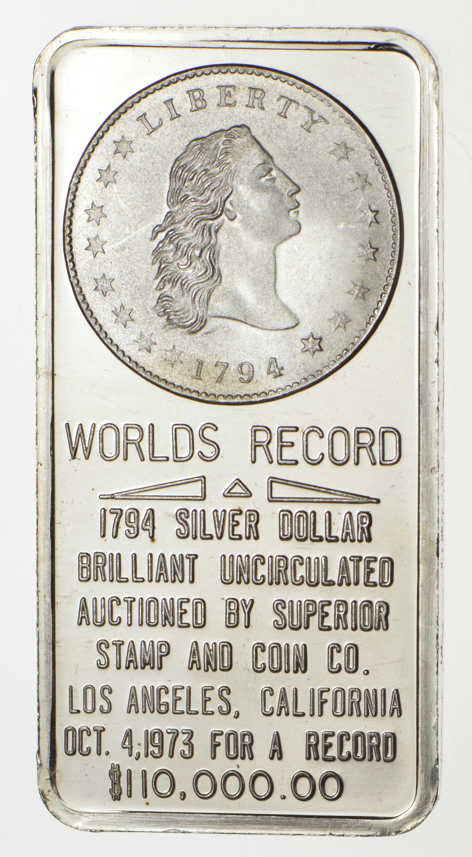 Limited - 1 Oz Silver World's Record 1794 Silver Dollar Bar - .999 Fine ...