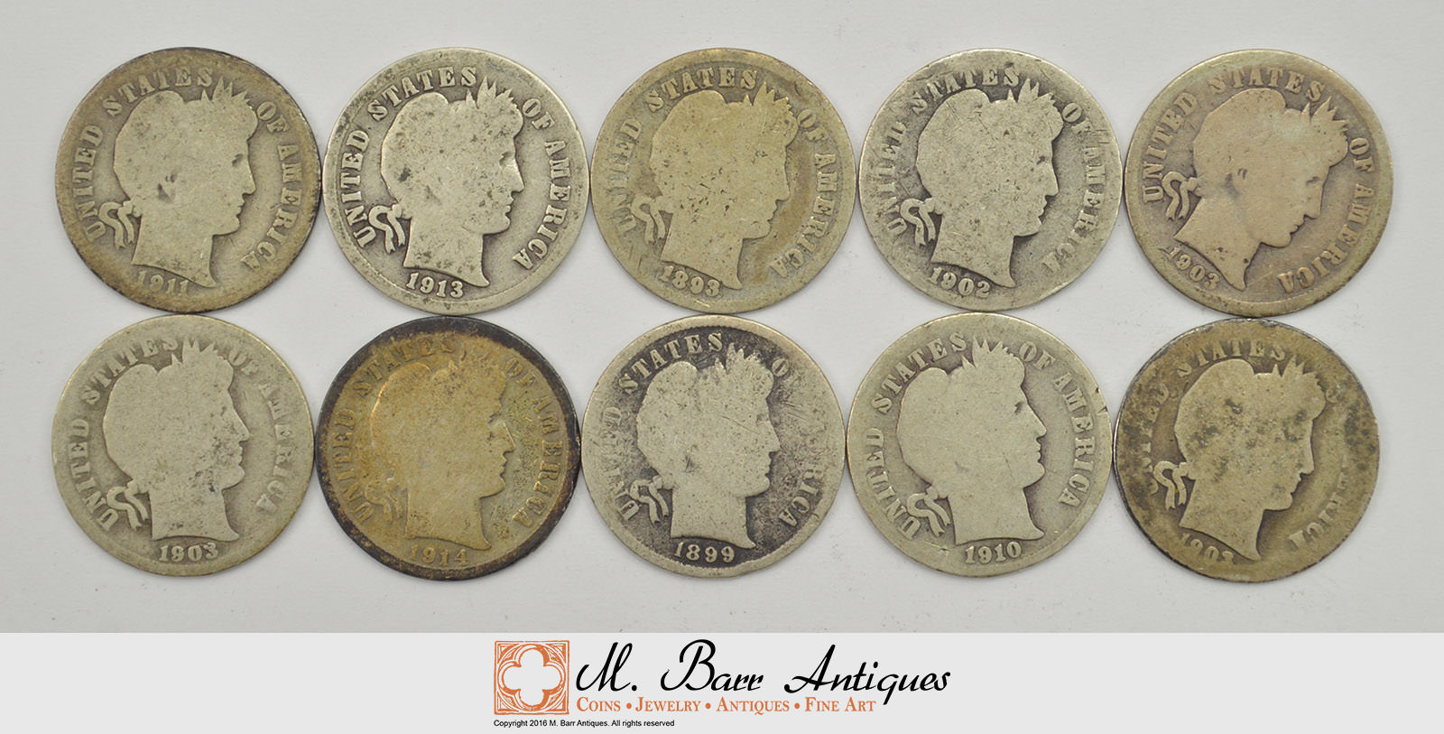 Lot 10 90% Silver Barber Liberty Head Dimes- 1892-1916 Starter Set ...