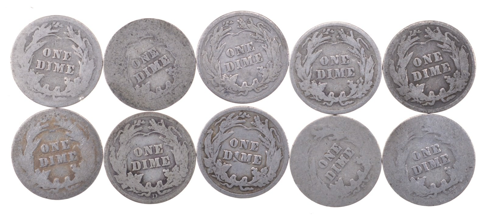 Lot 10 90% Silver Barber Liberty Head Dimes- 1892-1916 Starter Set ...