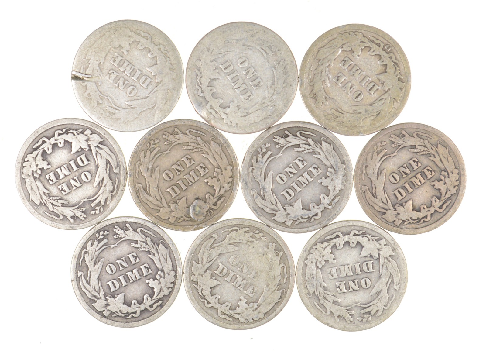 Lot 10 90% Silver Barber Liberty Head Dimes- 1892-1916 Starter Set ...