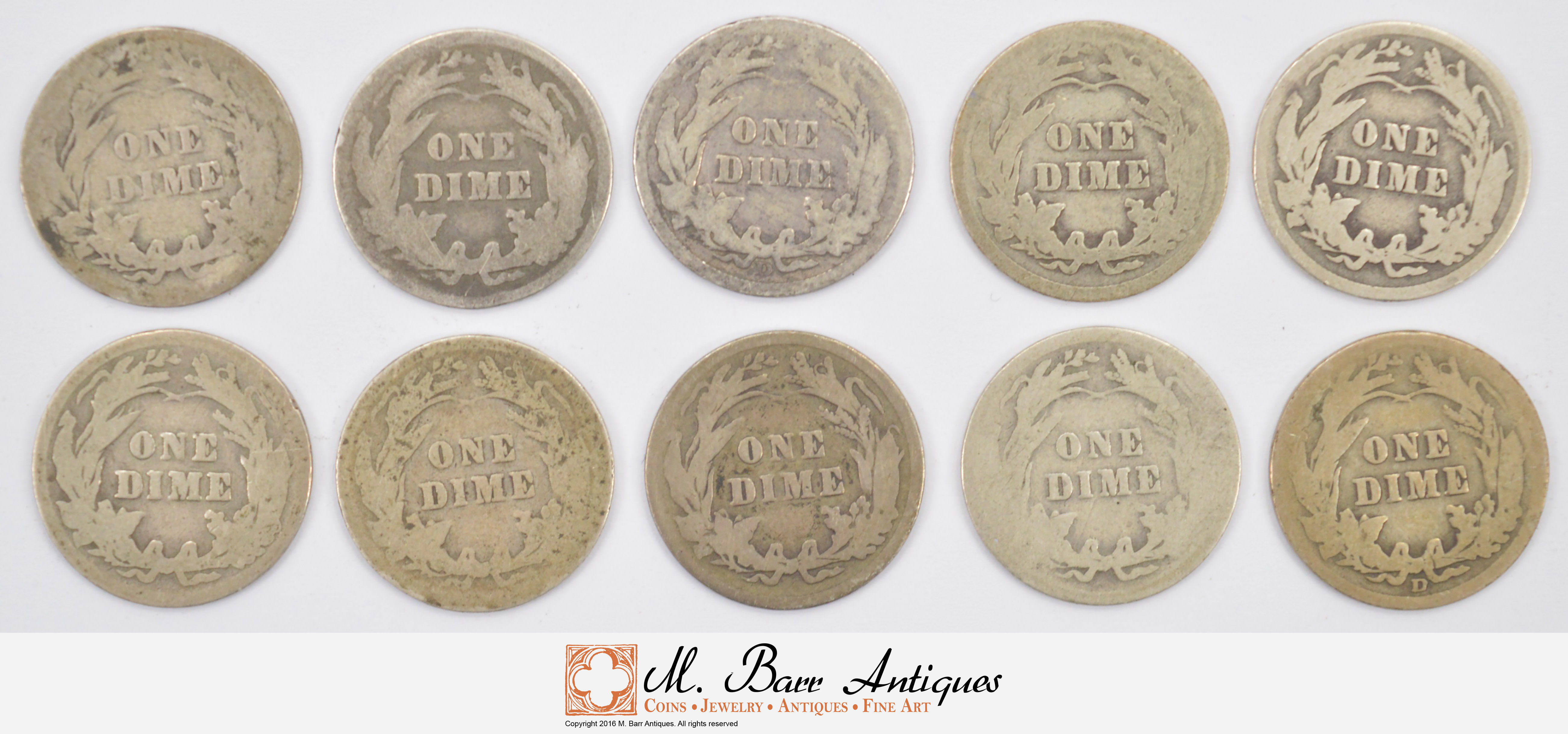 Lot 10 90% Silver Barber Liberty Head Dimes- 1892-1916 Starter Set ...