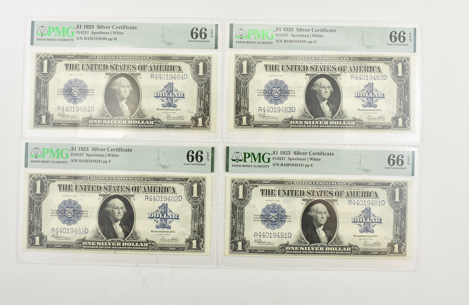 Lot (4) PMG 66 EPQ $1 1923 US Silver Certificate FR#237 Consecutive S/N Large Note | Property Room