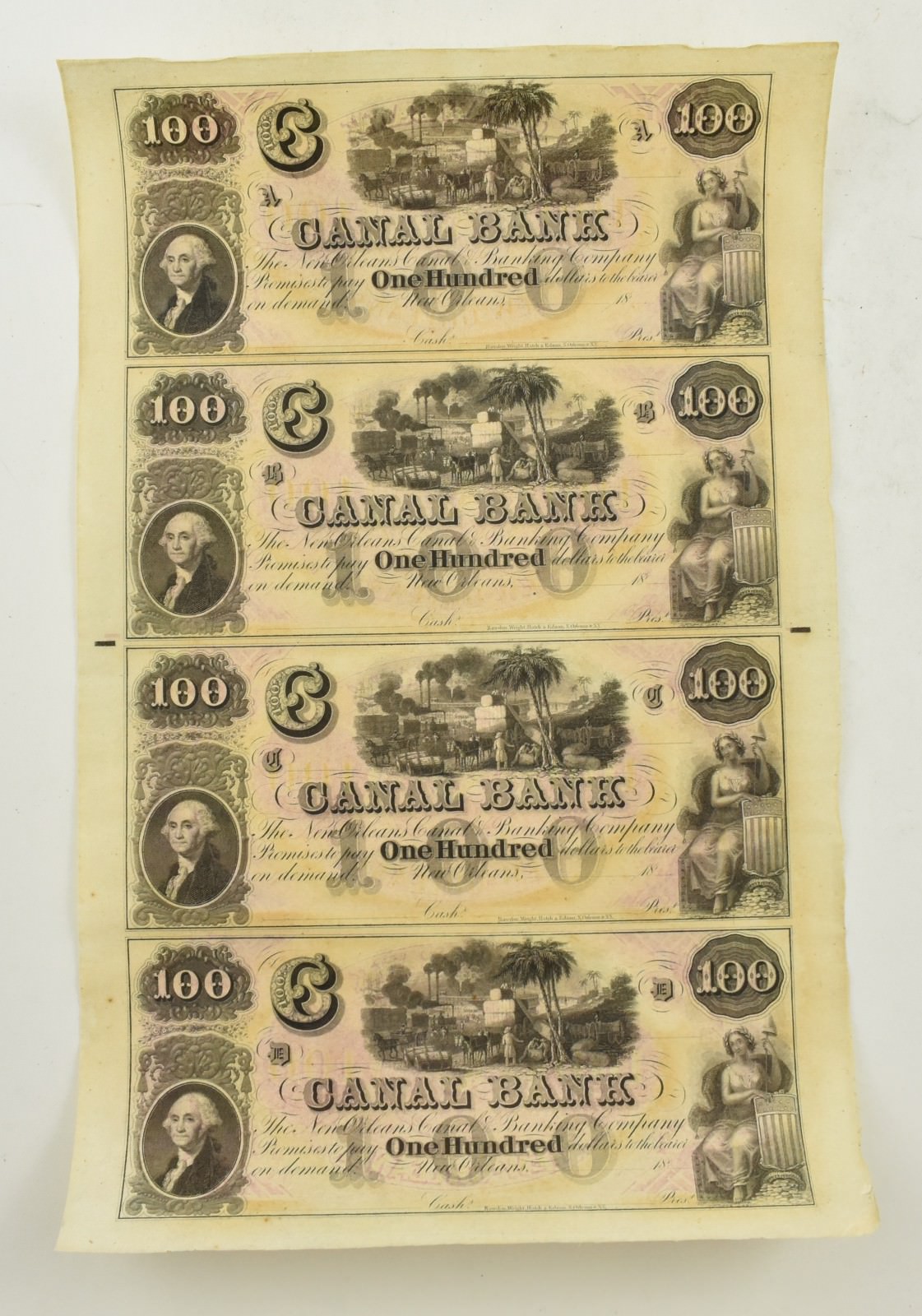 Lot (4) Uncut Sheet 1800's $100 Canal Bank New Orleans Notes | Property ...