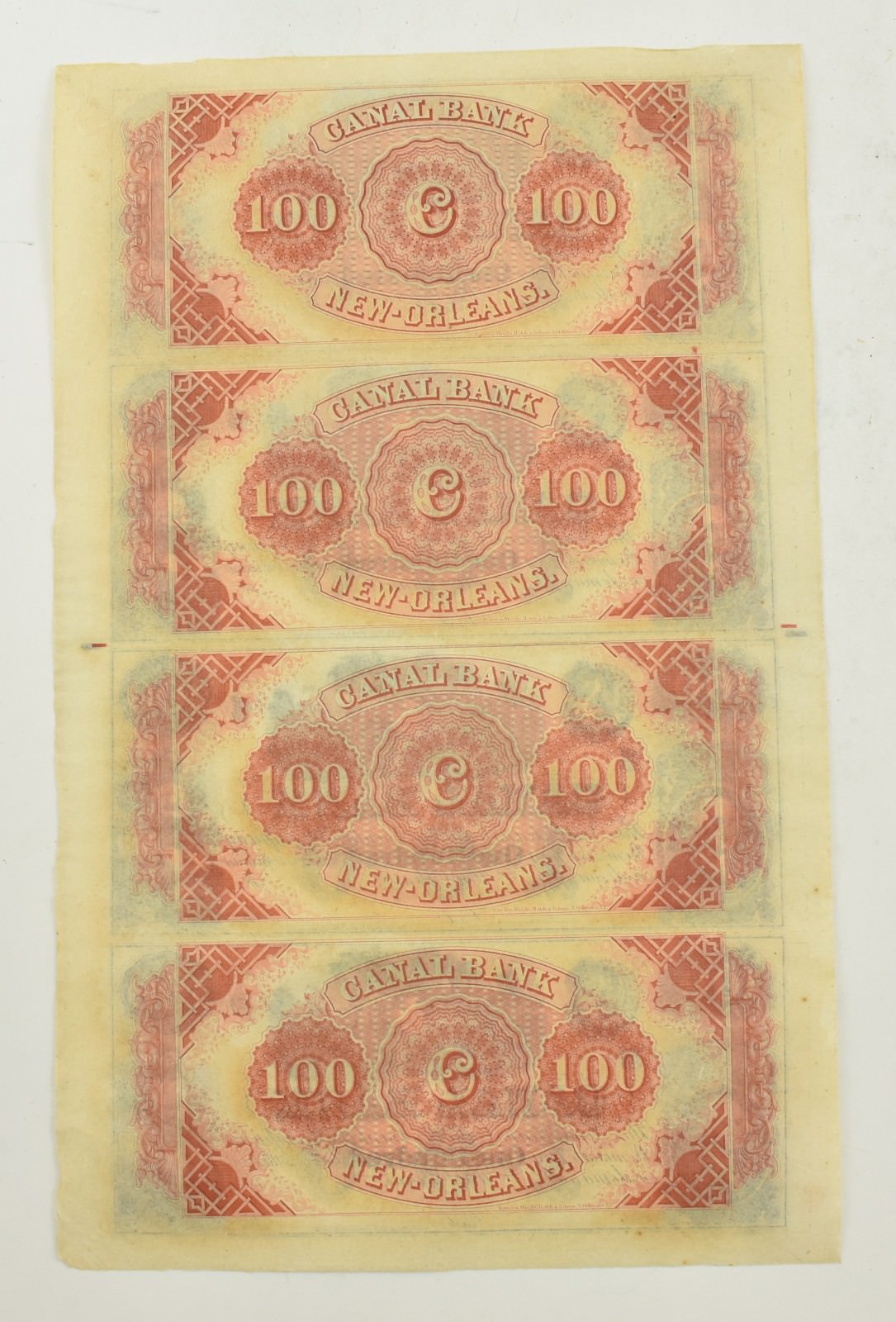 Lot (4) Uncut Sheet 1800's $100 Canal Bank New Orleans Notes | Property ...