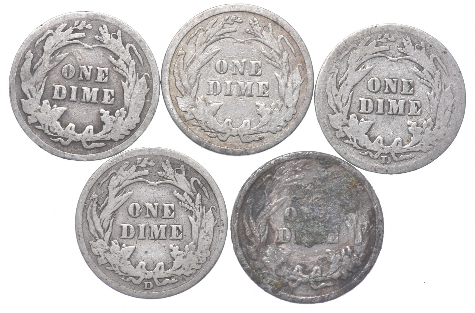 Lot 5 1906 1910 1908-D 1914-D 1900 Barber Dime Collection Set ...