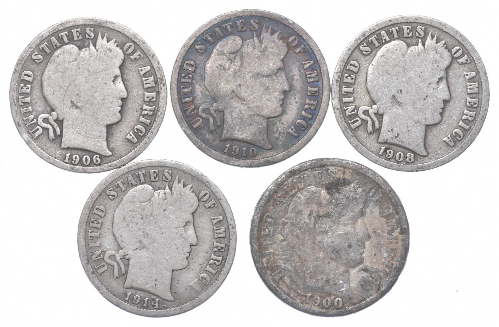 Lot 5 1906 1910 1908-D 1914-D 1900 Barber Dime Collection Set ...