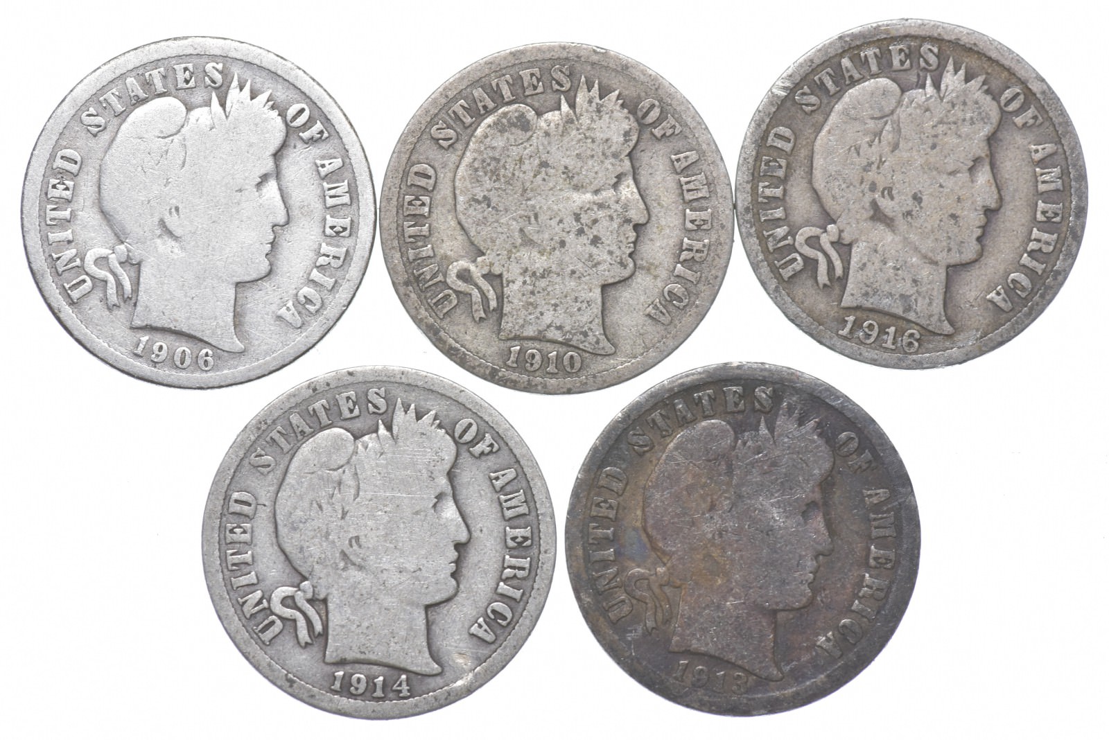 Lot 5 1906-D 1910 1916 1914-D 1913 Barber Dime Collection Set ...