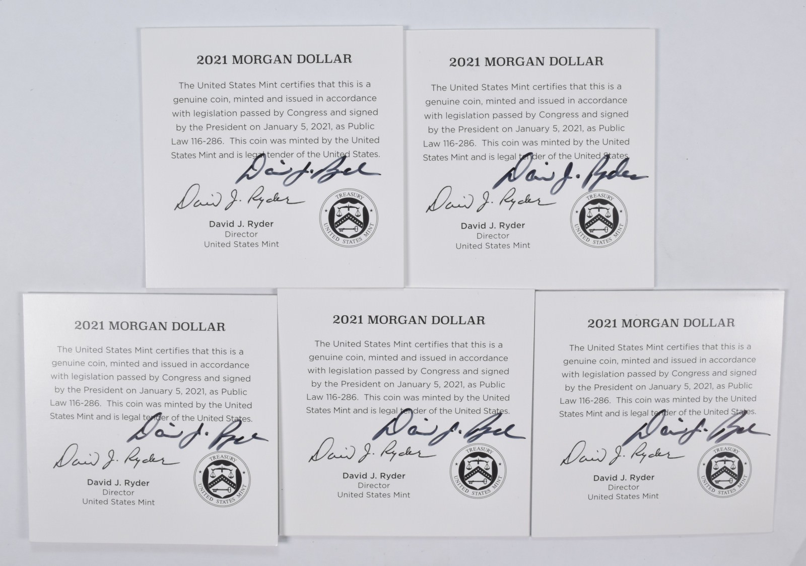 Lot (5) 2021 D, O, S, CC, P Morgan Silver Dollar 100th Anniversary COA ...