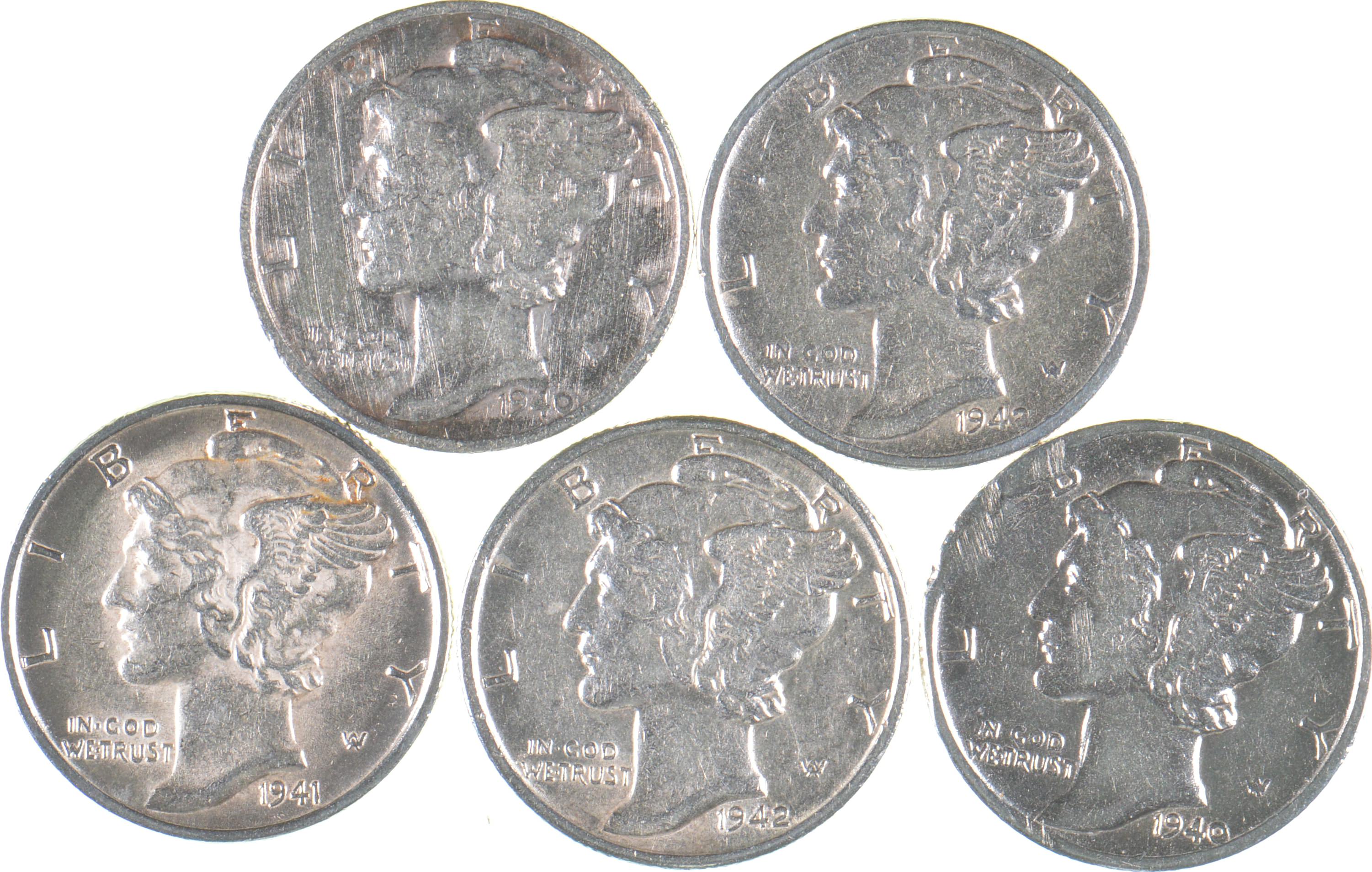 Lot (5) AU/Unc 1940 1942 1941 1942 1940 Mercury Silver Dimes Collection ...