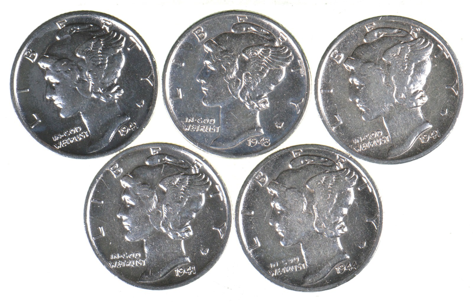 Lot (5) AU/Unc 1941 1943 1941 1941 1944 Mercury Silver Dimes Collection ...