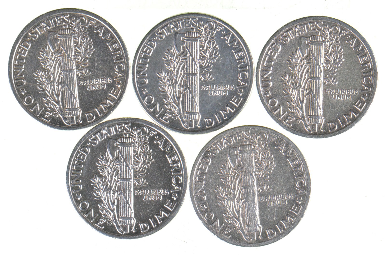 Lot (5) AU/Unc 1941 1943 1941 1941 1944 Mercury Silver Dimes Collection ...