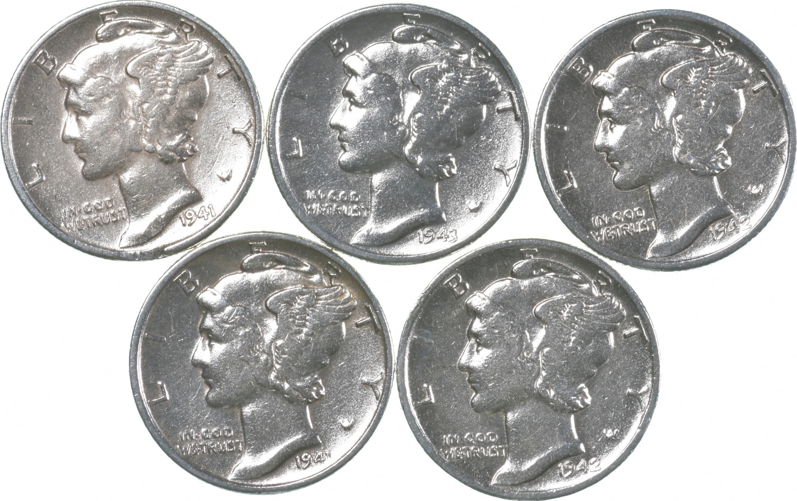Lot (5) AU/Unc 1941 1943 1942 1941 1942 Mercury Silver Dimes Collection ...