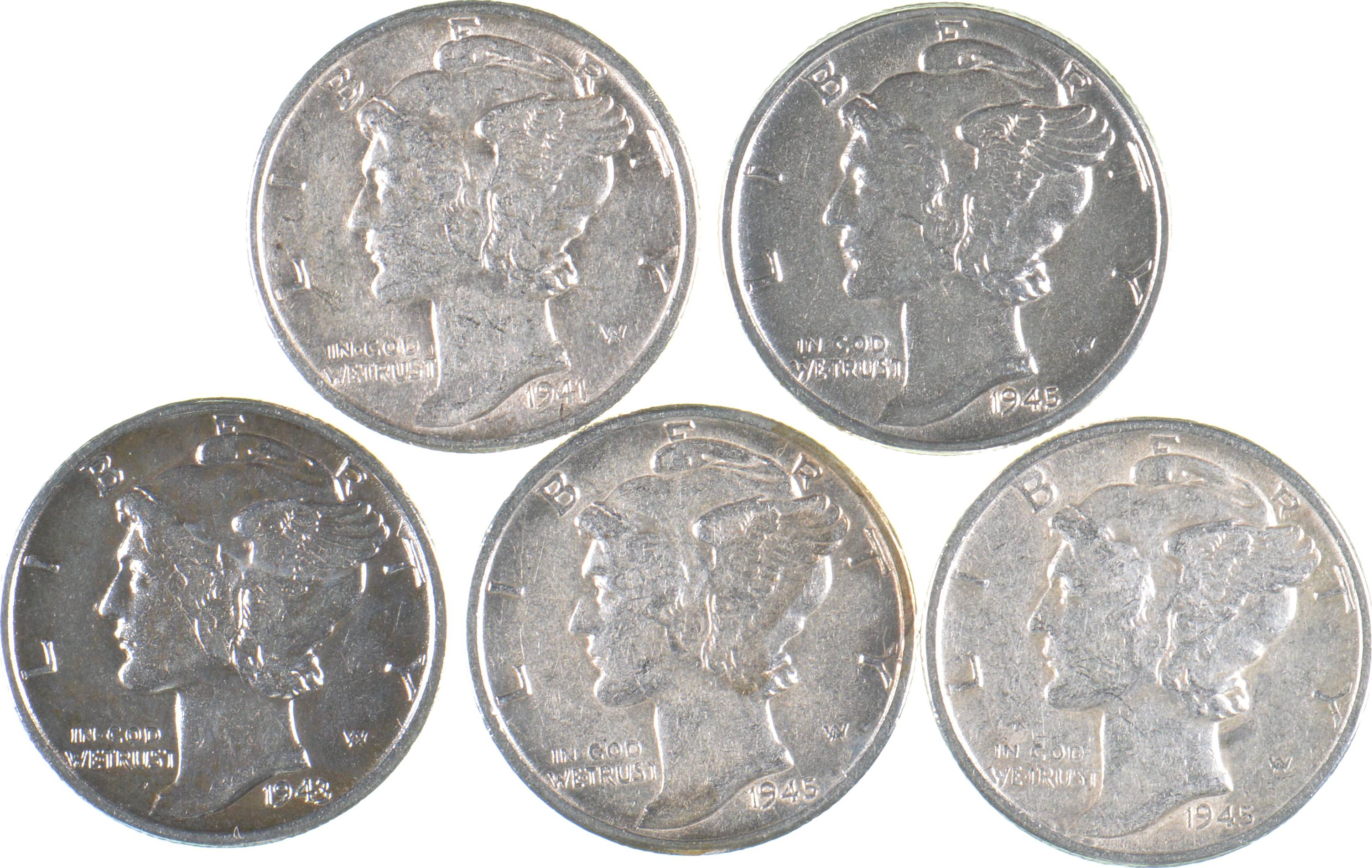 Lot (5) AU/Unc 1941 1945 1943 1945 1945 Mercury Silver Dimes Collection ...