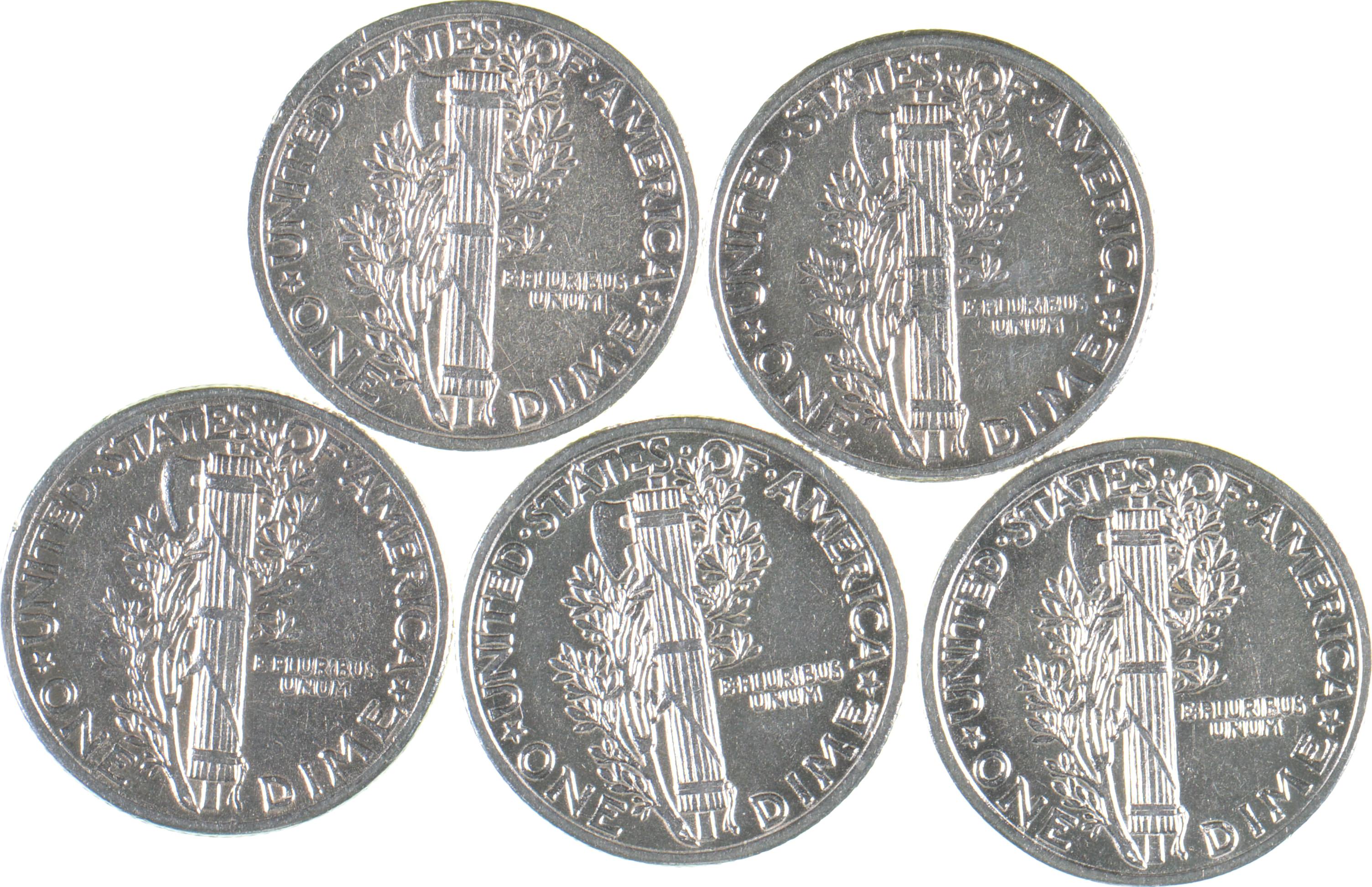 Lot (5) AU/Unc 1941 1945 1945 1940 1942 Mercury Silver Dimes Collection ...