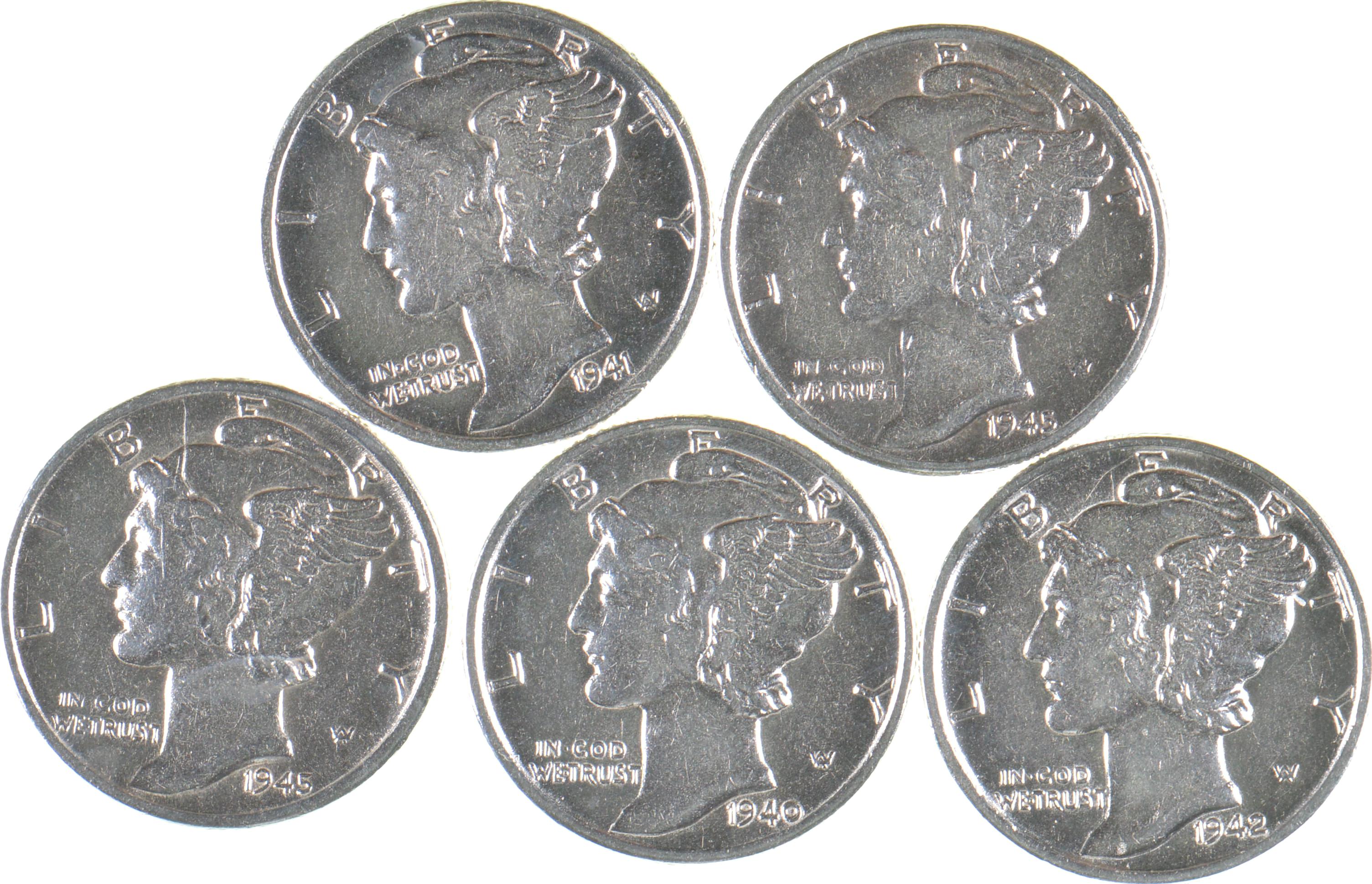 Lot (5) AU/Unc 1941 1945 1945 1940 1942 Mercury Silver Dimes Collection ...