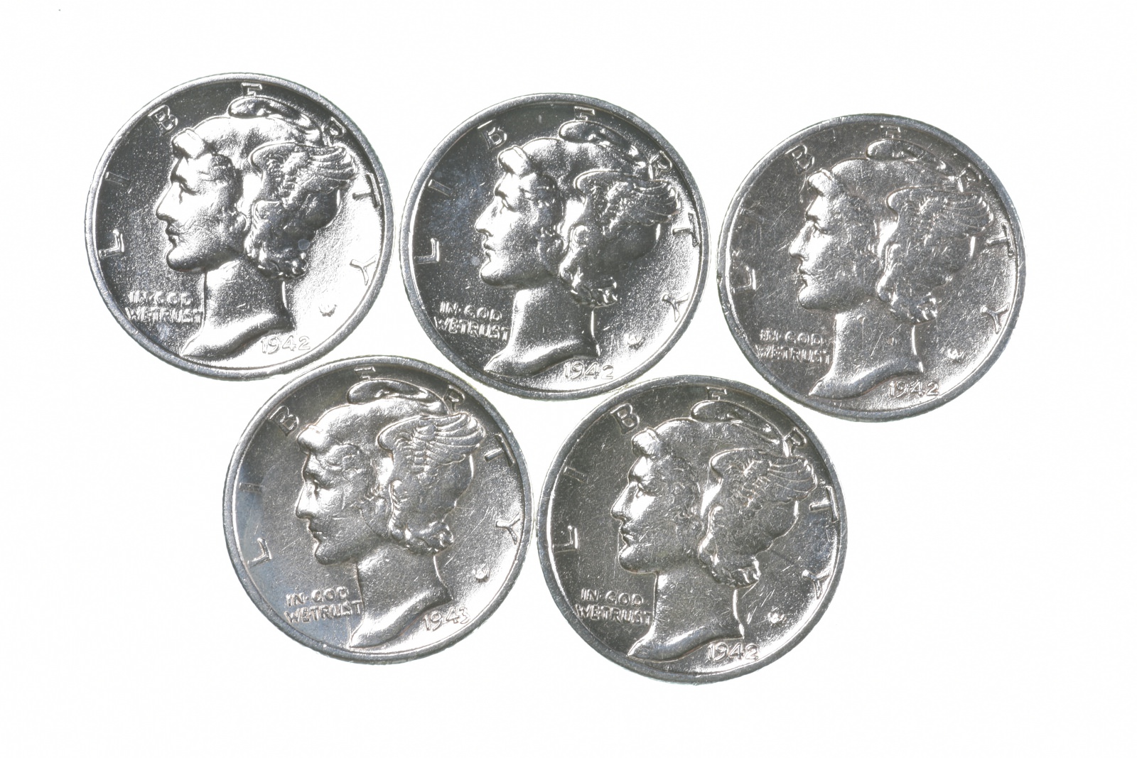 Lot (5) AU/Unc 1942 1942 1942 1943 1942 Mercury Silver Dimes Collection ...