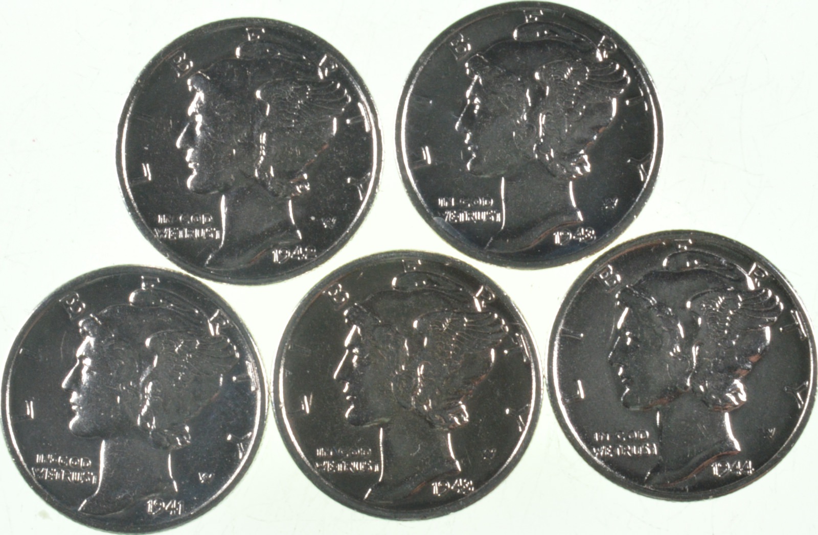 Lot (5) AU/Unc 1942 1943 1941 1943 1944 Mercury Silver Dimes Collection ...