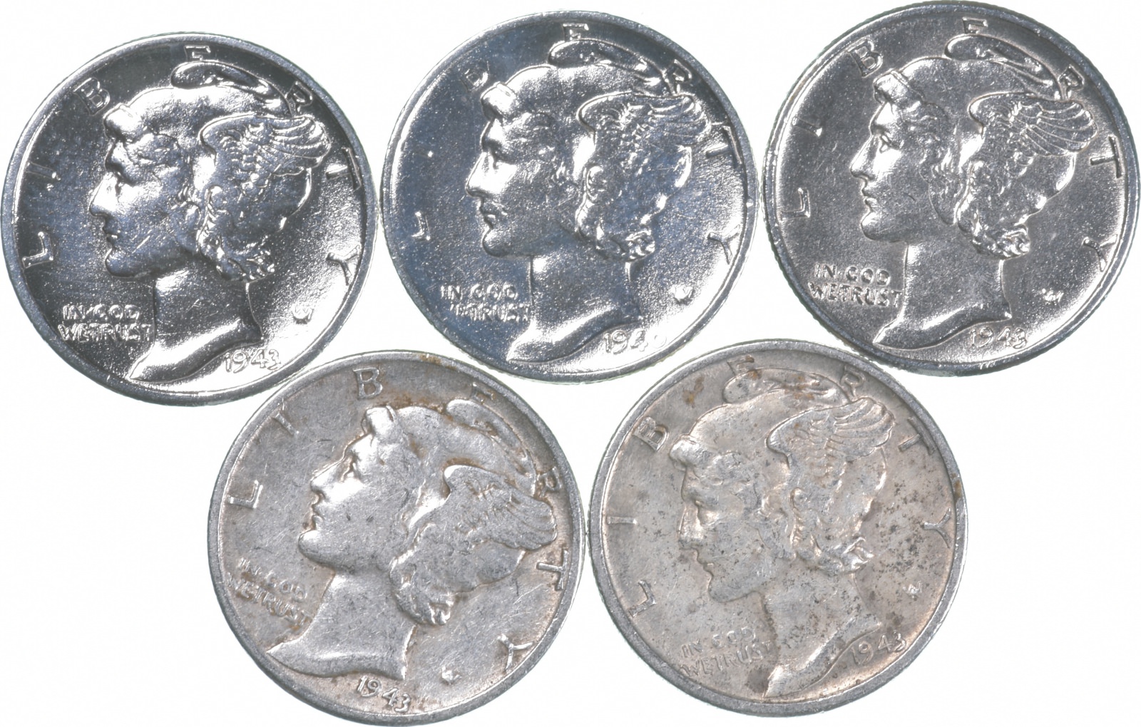 Lot (5) AU/Unc 1943 1940 1943 1943 1943 Mercury Silver Dimes Collection ...