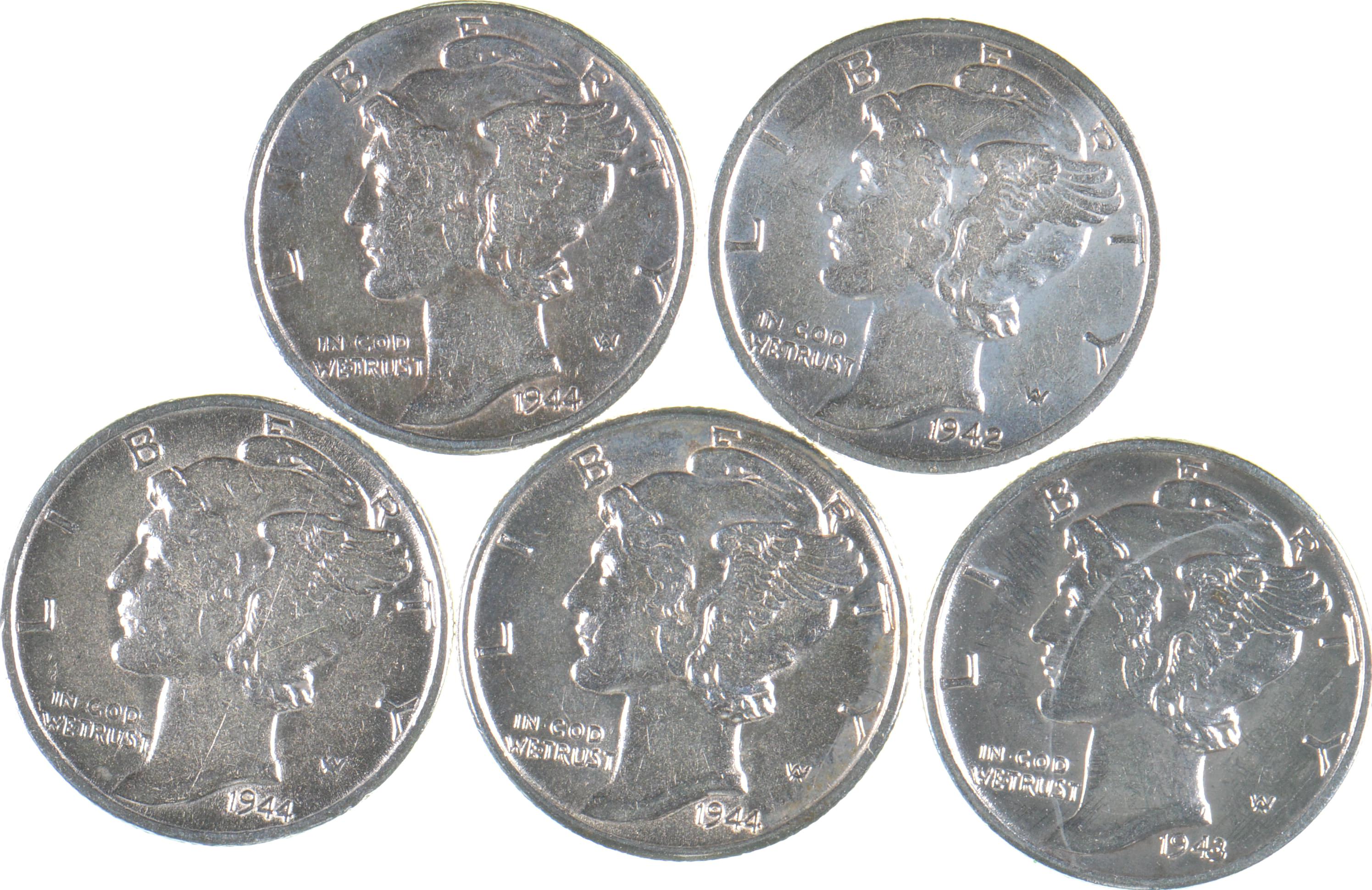 Lot (5) AU/Unc 1944 1942 1944 1944 1943 Mercury Silver Dimes Collection ...