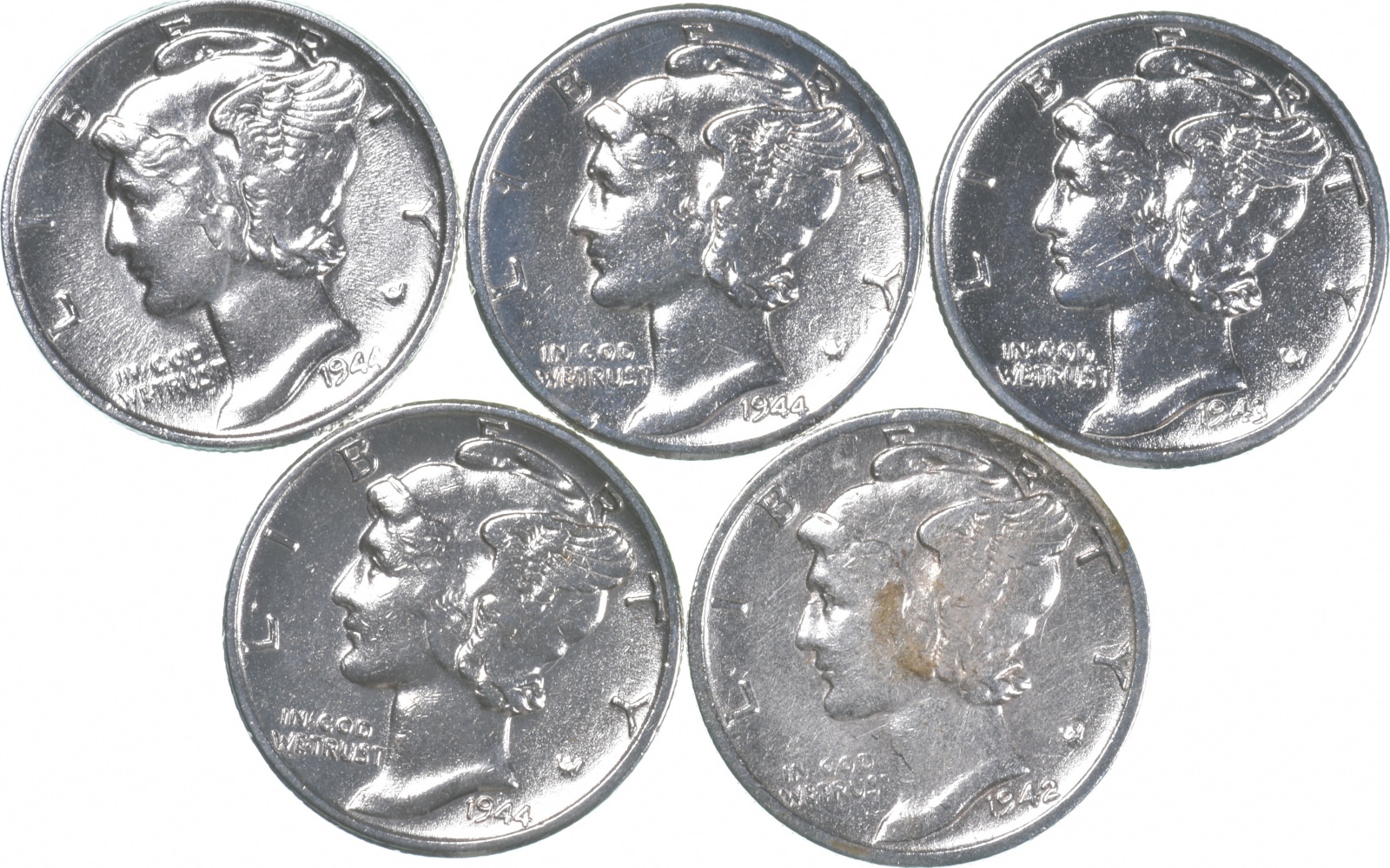 Lot (5) AU/Unc 1944 1944 1943 1944 1942 Mercury Silver Dimes Collection ...