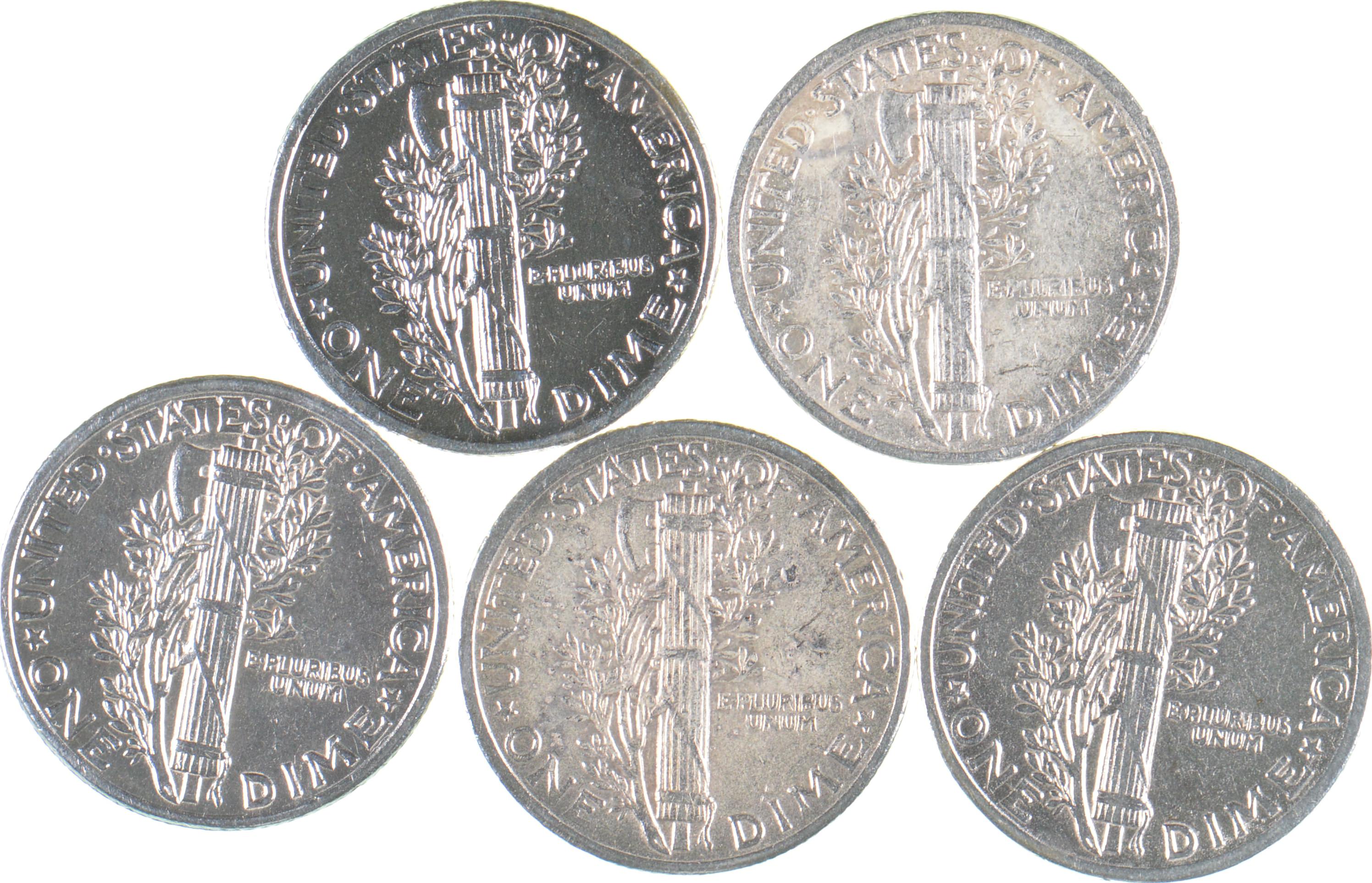 Lot (5) AU/Unc 1944 1945 1945 1943 1941 Mercury Silver Dimes Collection ...
