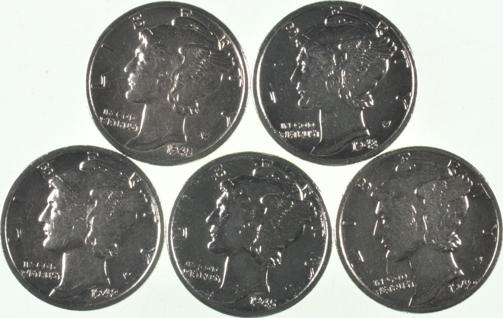Lot (5) AU/Unc 1945 1943 1942 1945 1940 Mercury Silver Dimes Collection ...
