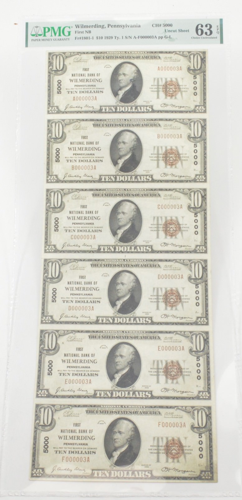 Lot (6) Uncut Sheet - 1929 $10 FR#1801-1 - CH#5000 Wilmerding, PA ...