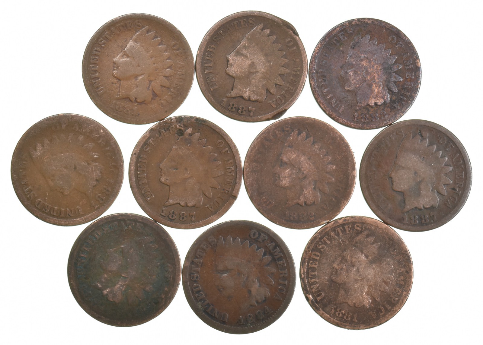 Lot of 10 1800's 1880-1889 Indian Head Penny Cents - US Coin Collection ...