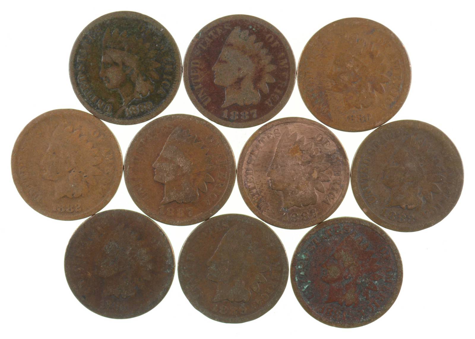 Lot of 10 1800's 1880-1889 Indian Head Penny Cents - US Coin Collection ...