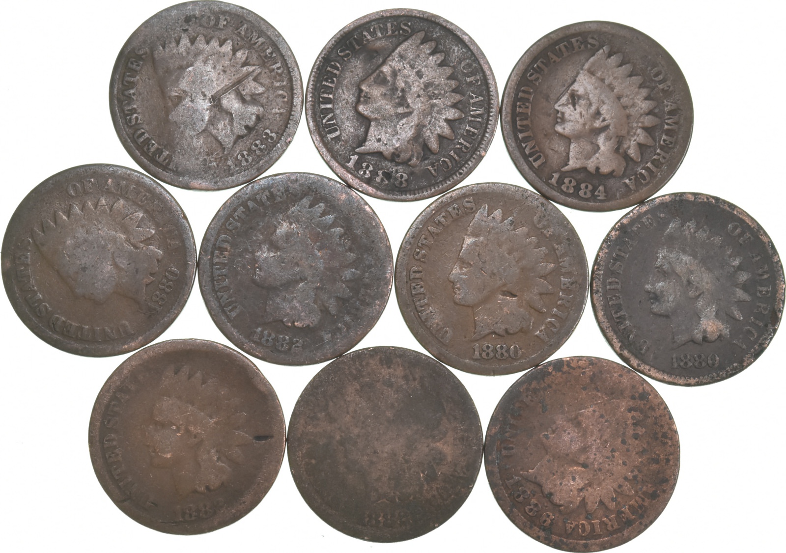 Lot of 10 1800's 1880-1889 Indian Head Penny Cents - US Coin Collection ...