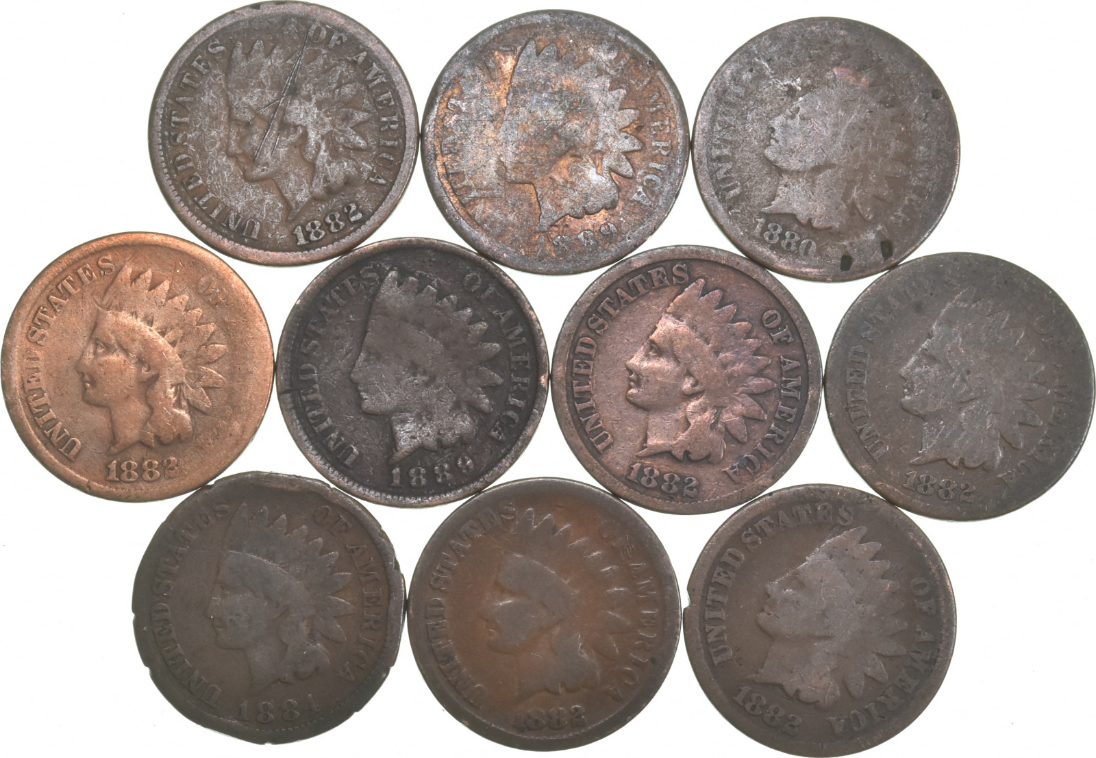 Lot of 10 1800's 1880-1889 Indian Head Penny Cents - US Coin Collection ...