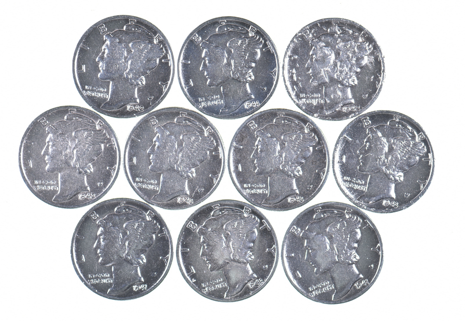 Lot of 10 - 1940 1941 1942 1943 1944 1945 Mercury Silver Dime ...
