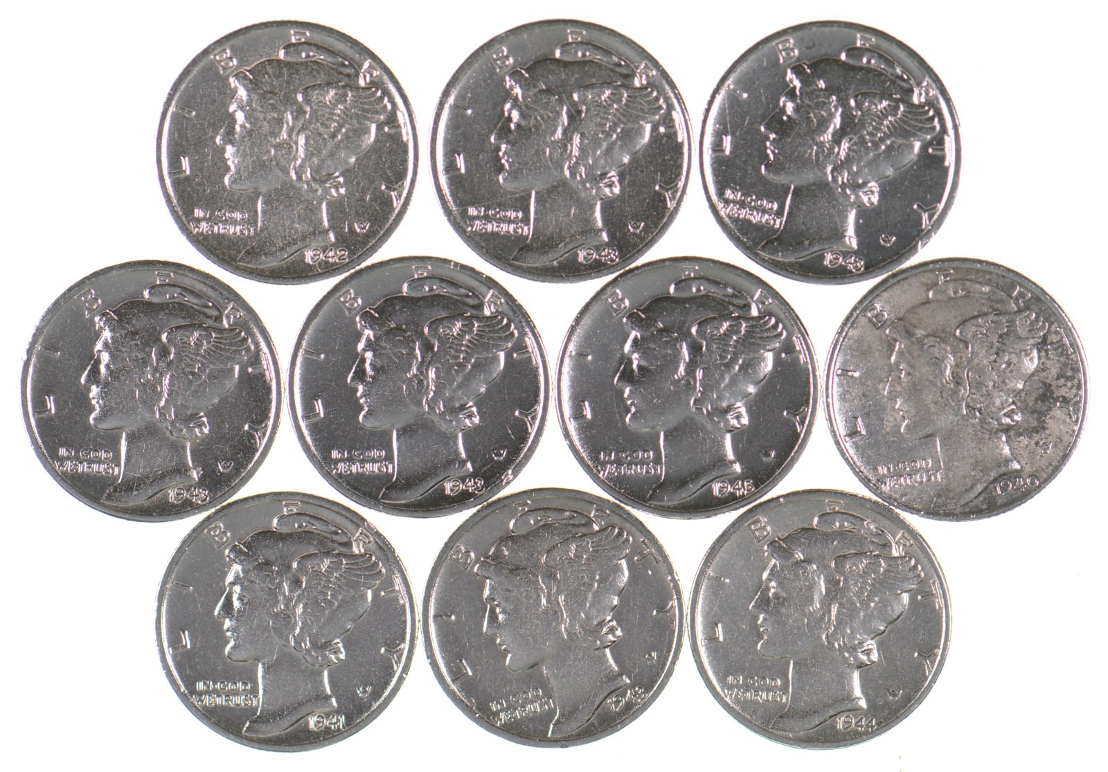 Lot of 10 - 1940 1941 1942 1943 1944 1945 Mercury Silver Dime ...