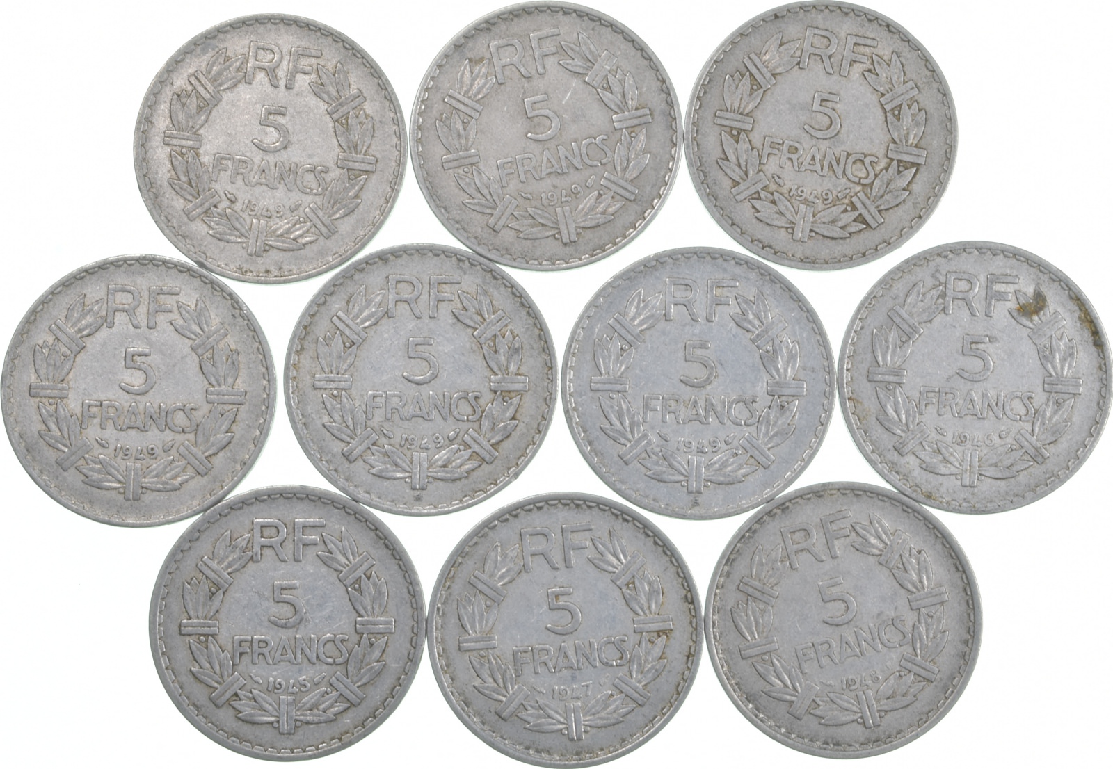 Lot of 10 1945-1952 French France 5 Francs ALUMINUM Coins | Property Room