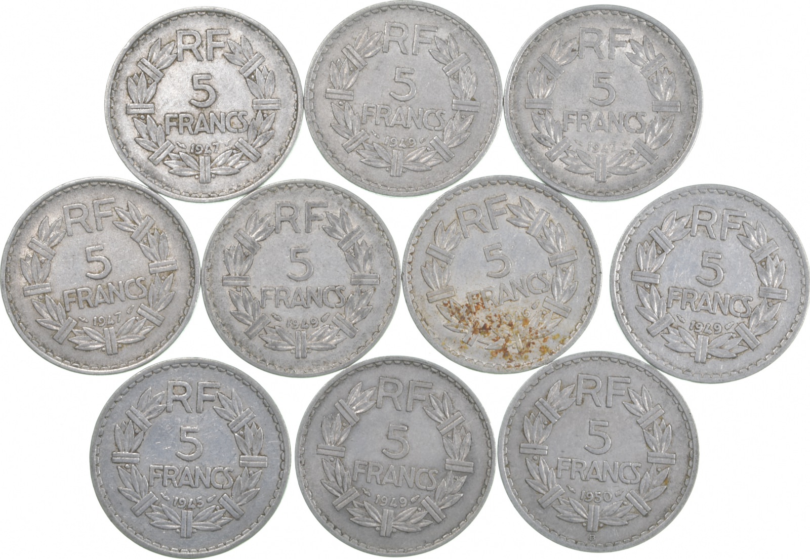 Lot of 10 1945-1952 French France 5 Francs ALUMINUM Coins | Property Room