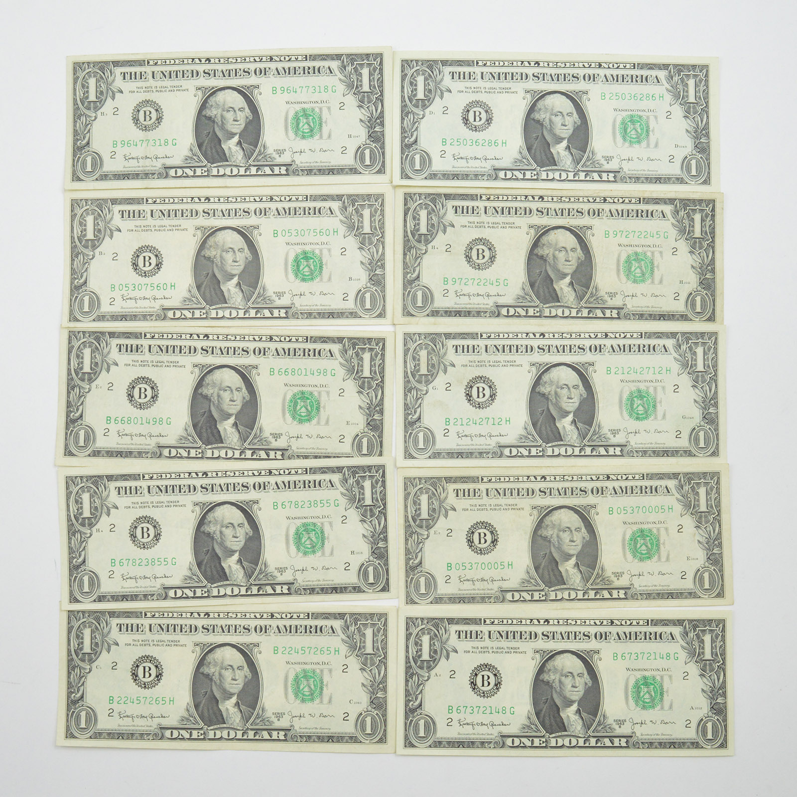 Lot of 10 1963 Joseph Barr $1.00 Notes - Collectible - Very short time ...