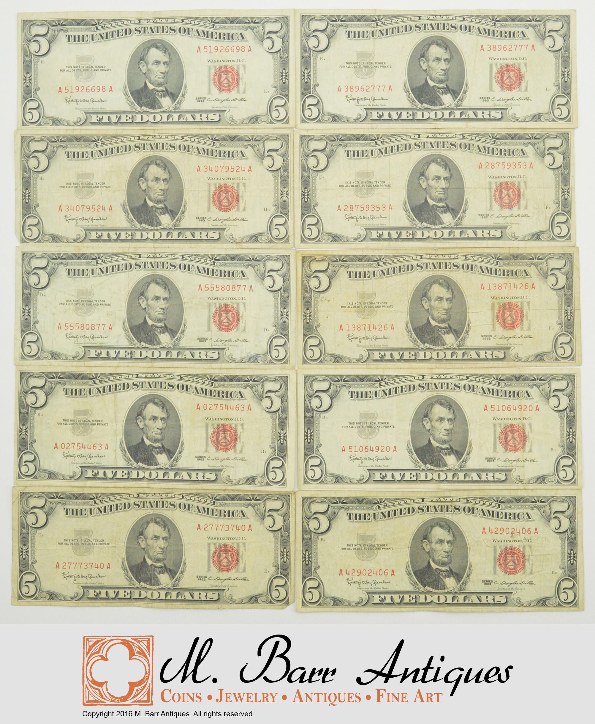 Lot of (10) $5.00 Red Seal US Notes Currency Collection 1963 | Property ...