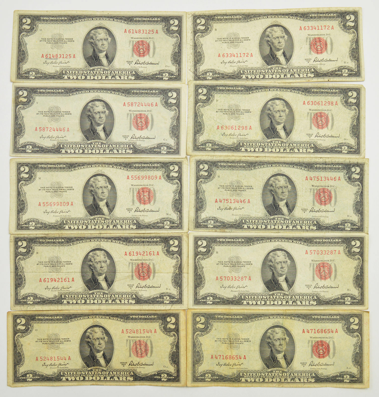 Lot of 10 Robert B Anderson Secretary Of The Treasury 1953-A $2.00 Red ...