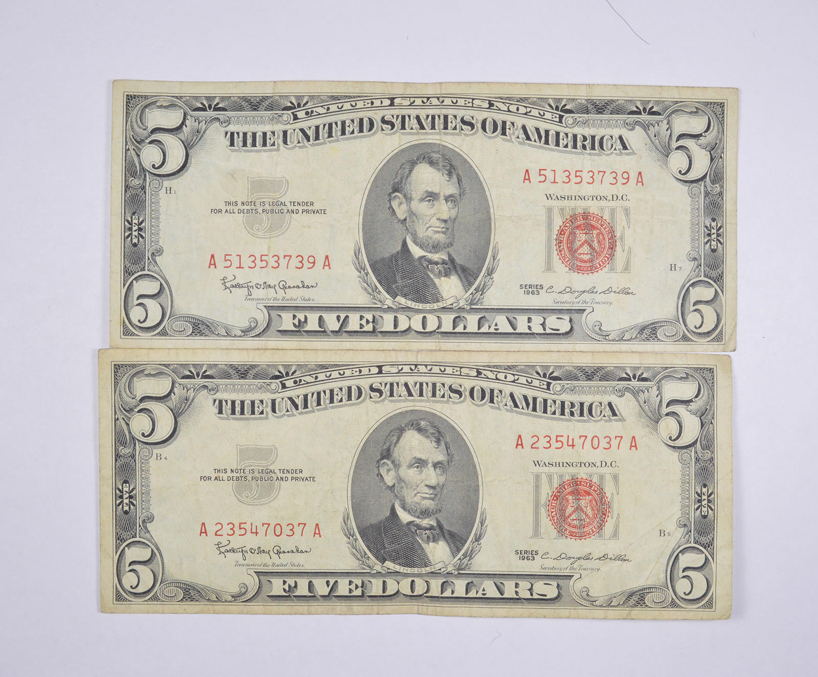Lot of (2) $5.00 Red Seal US Notes Currency Collection 1963 | Property Room