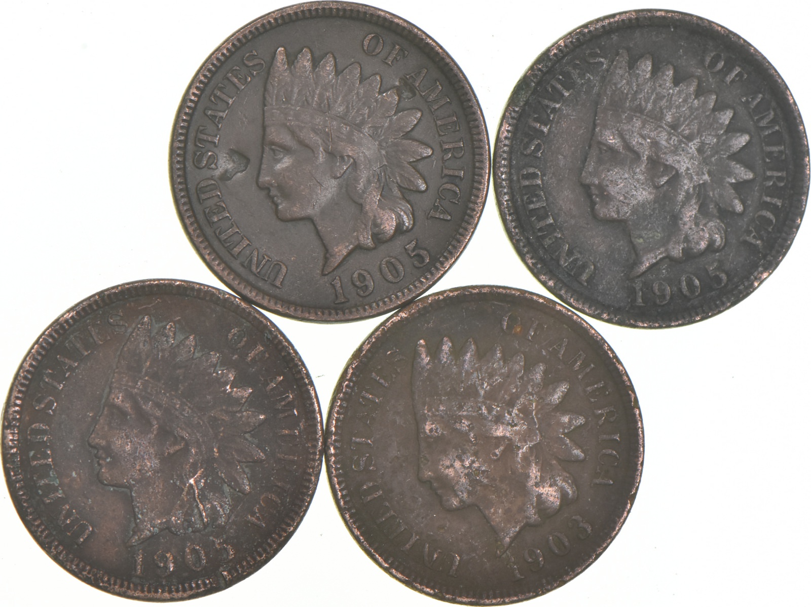 Lot of 4 STRONG Liberty 1905 1905 1905 1903 Indian Head Cent Lot ...