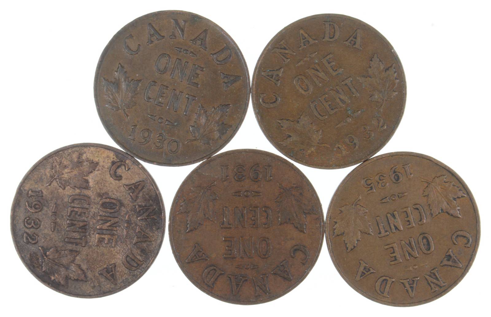 Lot of 5 1930 1932 1932 1931 1935 Canada 1 Cents Semi-Rare Years ...