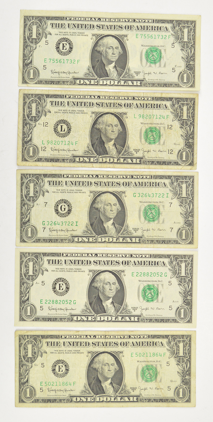 Lot of 5 1963 Joseph Barr $1.00 Notes - Collectible - Very short time ...