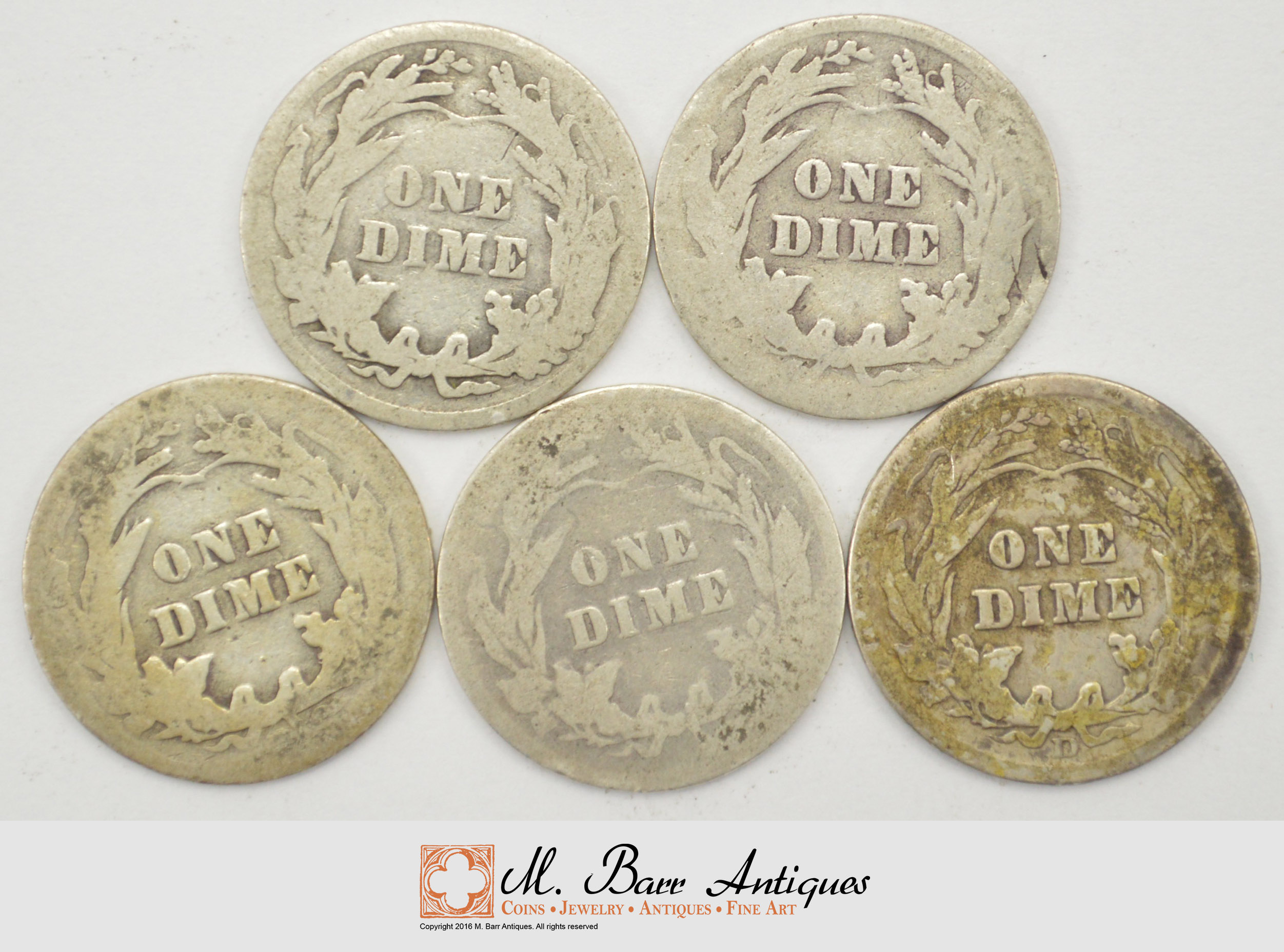 Lot of (5 Pcs) 1892-1916 Barber Liberty Head Dimes - 90% | Property Room