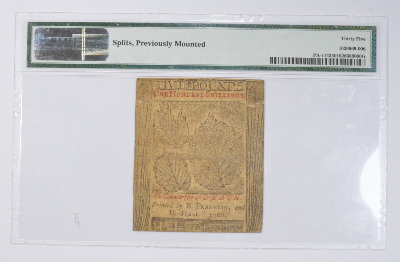 May 1, 1760 Pennsylvania Colonial 5 Pounds Note - Fr#PA-114 - 35 Choice ...