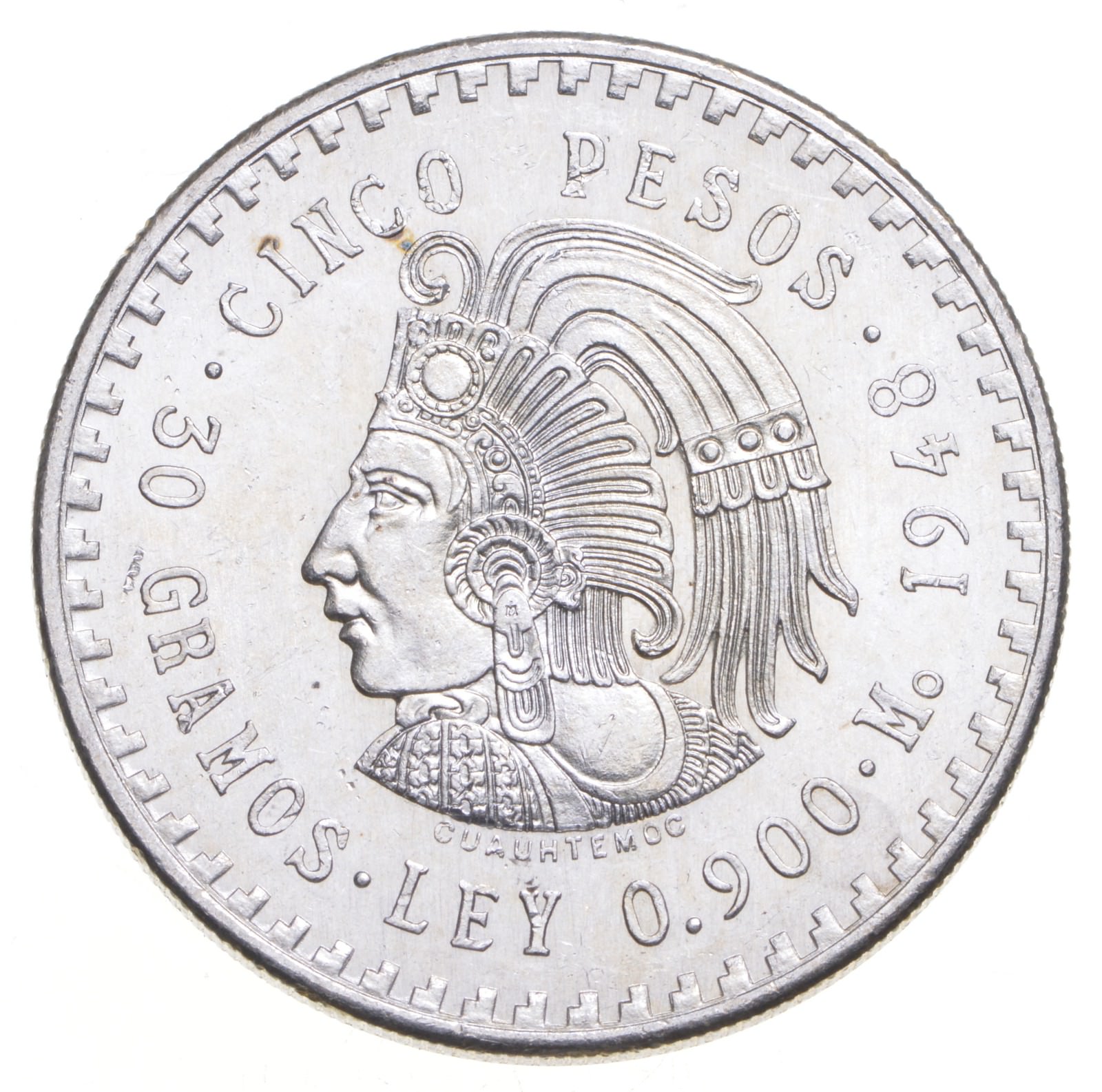 MEXICO 1948 5 PESOS SOLID SILVER COIN AZTEC CHIEFTAIN LOW MINTAGE ...