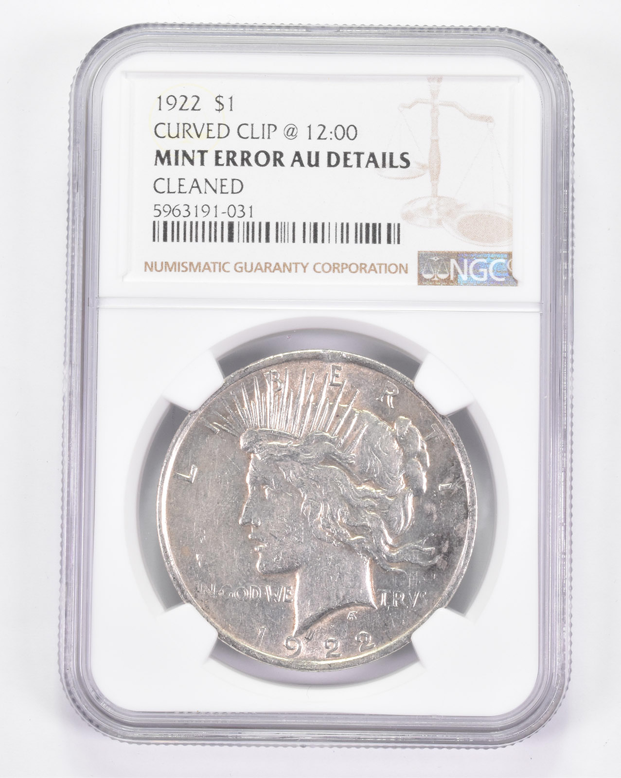 Mint Error AU Details 1922 Peace Silver Dollar - Curved Clip @ 12:00 ...